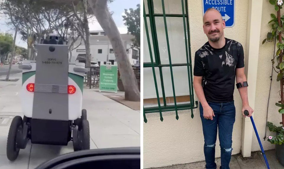 Delivery Robot collides with a man using a mobility scooter